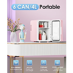 CUTIEWORLD Skincare Fridge With Dimmable LED Light Mirror, 4L Makeup Mini Fridge for Bedroom, Car, Office & Dorm, Cooler & Warmer, Portable Small Refrigerator for Cosmetics, Skin Care and Food, Pink