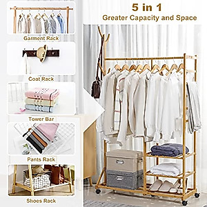 Homde Clothing Rack Bamboo Garment Rack Rolling Coat Rack Multifunctional Bedroom Hanging Rack Clothing Organizer Hat Tree 3 Layers Wardrobe Storage Shelves with Wheels 6 Hooks