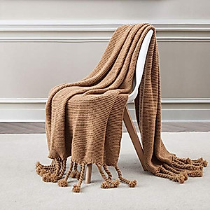 Revdomfly Brown Throw Blanket Knitted Throw Blanket with Fringe Tassels Warm Cozy Woven Blankets for Couch Bed Chair, 51.2" x 67"