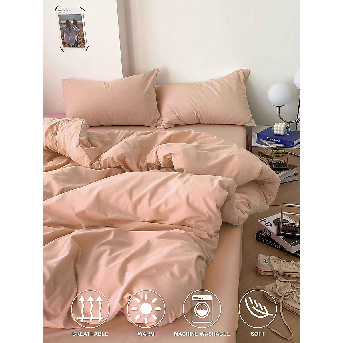 Nanko Peach Coral King Size Comforter Set, Soft Microfiber Down Alternative Duvet Insert, Modern Farmhouse Neutral Spring Decor Bedding Sets Bed in a Bag for Women Men Teen Girls, 104 x 90 inch 3pcs