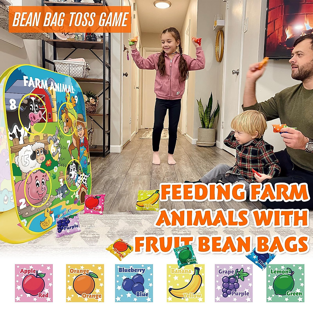 3-in-1 Farm Animals Bean Bags Toss Axes Throwing Sticky Balls Game for Kids 2 3 4 5 Years Old Toddlers Indoor Outdoor Sports Toys Gifts for Boys Birthday Valentines Easter Christmas Stocking Stuffer