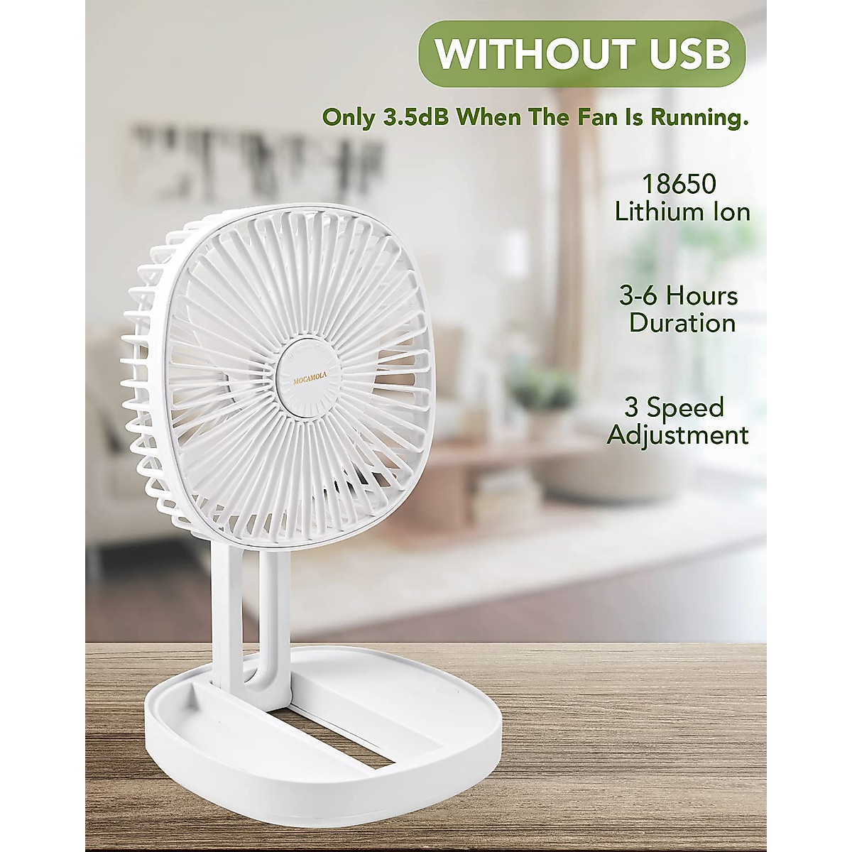 MOCAMOLA Small Desk Fan, Aromatic Desigh With Quiet 3 Speeds Wind, USB Powered With Portable Adjustable Mini Fan For Home, Office, Travel, Camping, Outdoor, Indoor, Car, 4.9 Inch White