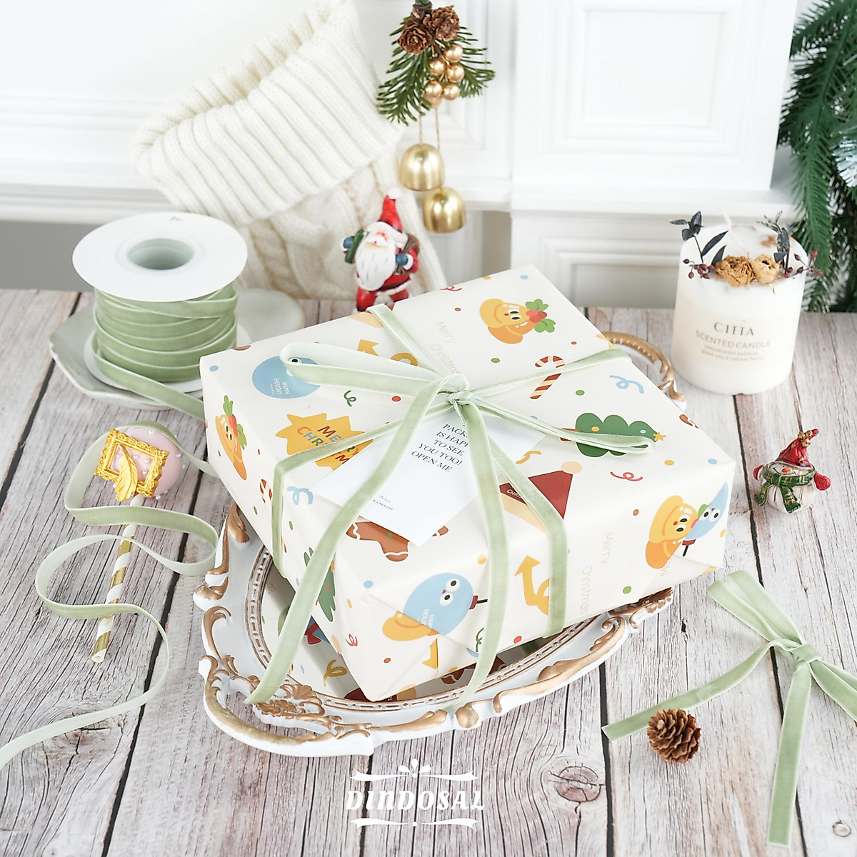 DINDOSAL Sage Green Velvet Ribbon 3/8 Inch Single Face Thin Velvet Ribbon for Gift Wrapping, Wedding, Christmas Decorations, Hair Bows, Choker, Cafts, Bouquet - 25 Yards