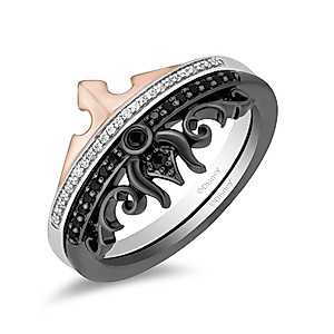 Jewelili Enchanted Disney Fine Jewelry Aurora and Maleficent Duo Stack Ring in Black Rhodium and Rose Gold Over Sterling Silver 1/5 CTTW with Treated Black and Natural White Round Diamonds, Size 8