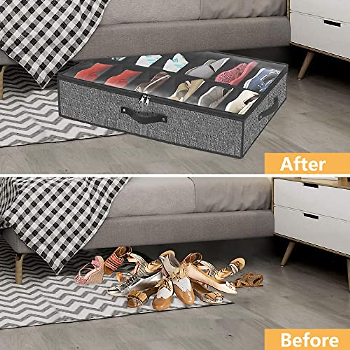 Under Bed Shoe Storage Organizer for Closet Fits 24 Pairs-Sturdy Underbed Shoe Containers Box Bedding Storage Organizador De Zapatos with Clear Cover,Set of 2, 29.3 x 23.6 x 5.9inch(Linen-like Black)