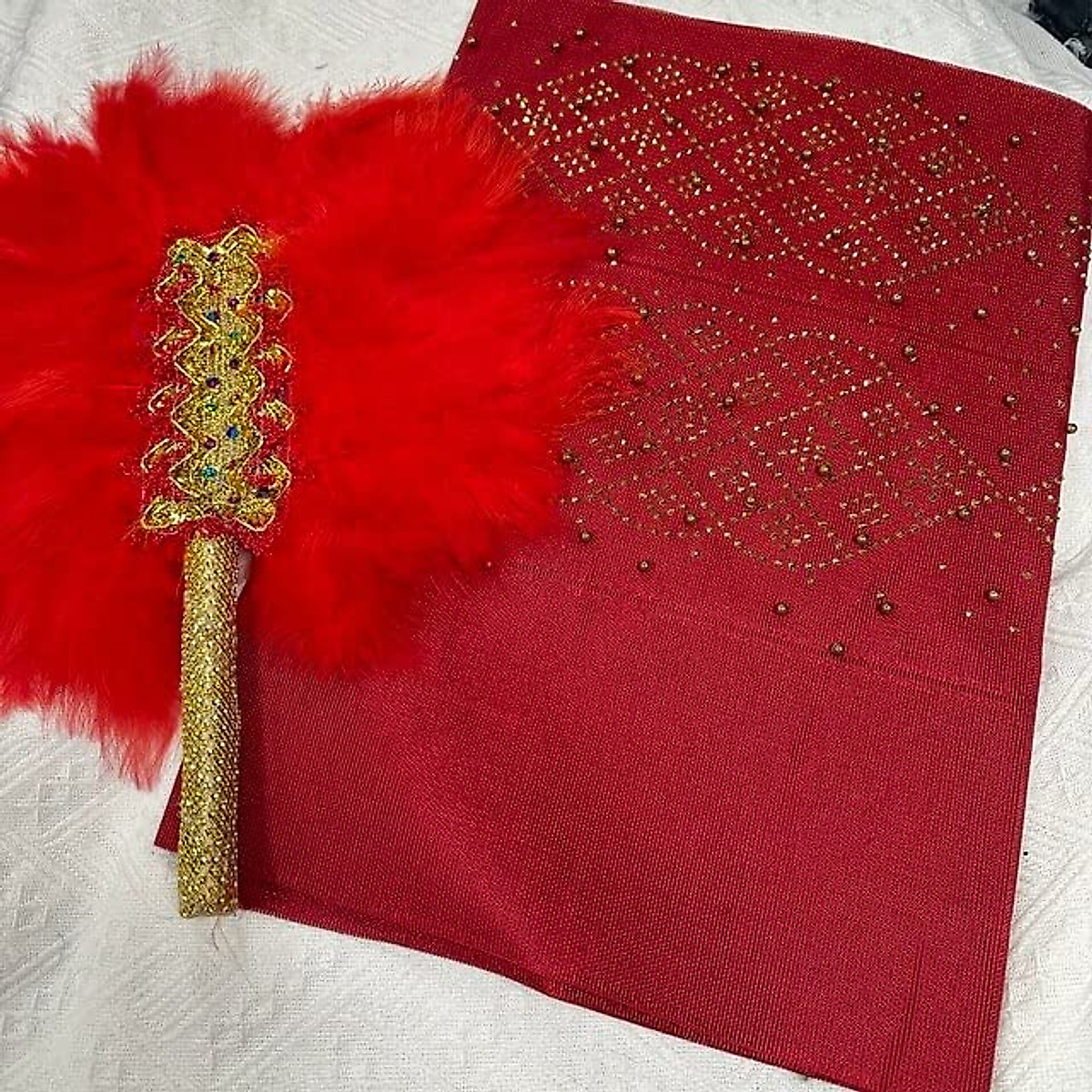 Msbfea RED Feather Fan with ASO Oke Headtie Matching for Ladies Wedding Party Nigerian Style Fan Design African - ASO Fan Color 286