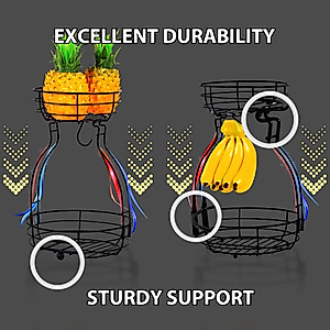 WELLCASA 2-Tier Metal Countertop Fruit Vegetables Basket, Bread Wire Basket, Fruit Storage with Banana Hanger, Black