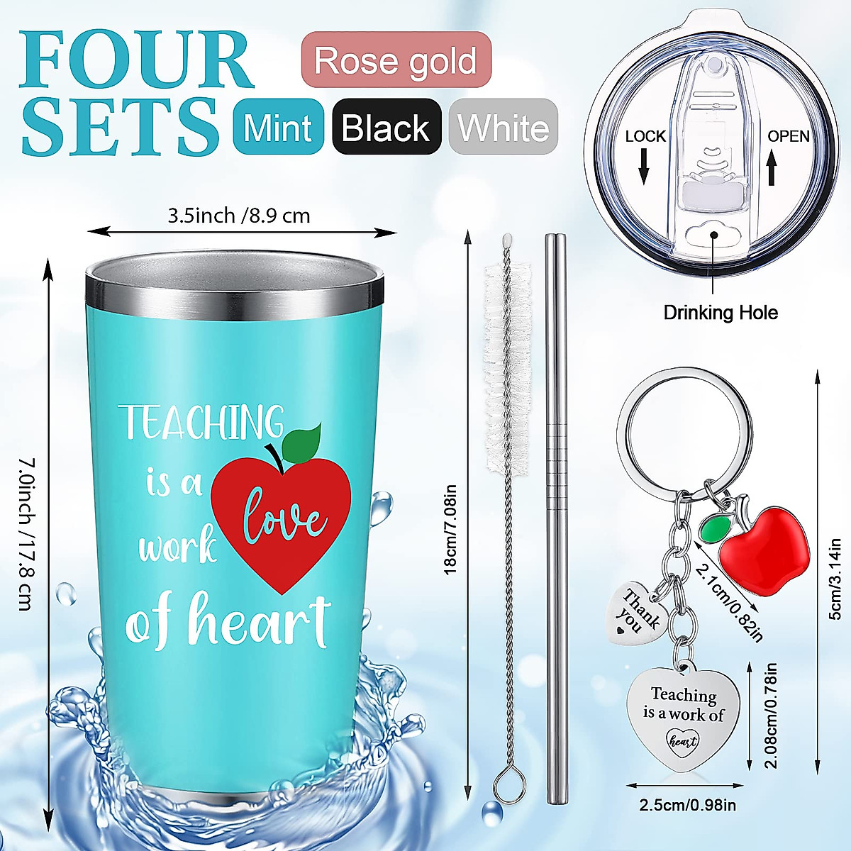 Yinder 8 Pcs Teacher Appreciation Gifts with 4 Pcs 12 oz Teacher Tumbler Stainless Steel Mug with 4 Heart Keychain for Teacher Week, Thank You Gifts End of the Year Teacher Mug for Women Men(Apple)