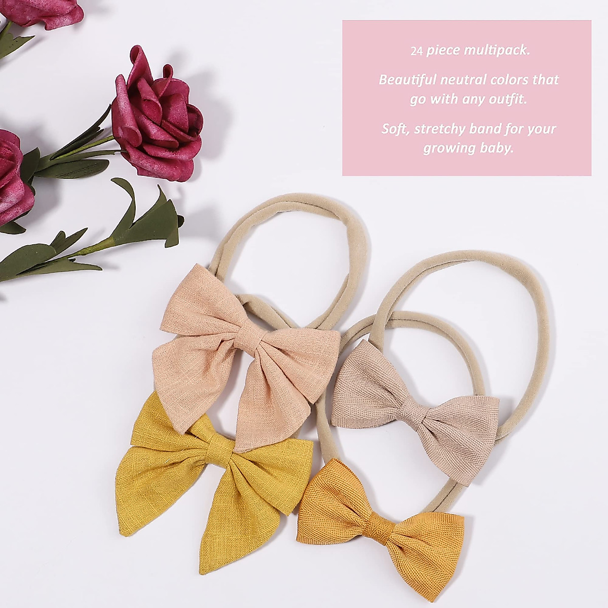 doboi 24pcs Baby Girls Flower and Hair Bows Headbands Soft Nylon Hairbands Elastic Hair Accessories for Newborns Infants Toddlers and Kids