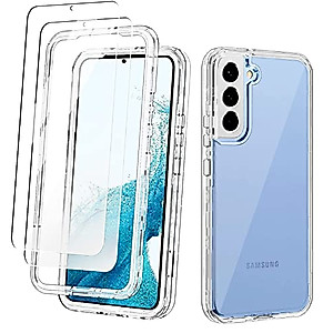 KIOMY Clear Shockproof Case for Samsung Galaxy S22 5G with 2 Packs Tempered Glass Screen Protectors, 3 Layers in 1 Full Body Protection Hard PC Back and Front Cover with Flexible TPU Bumper Shell