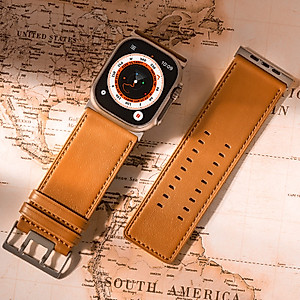 Tefeca Dual Series Band Compatible with Apple Watch Ultra 2/Ultra 49mm, Series 10 46mm, Series 9/8/7 45mm, SE2/SE/6/5/4 44mm (Brown Leather with Silver Adapters, 49/46/45/44mm)