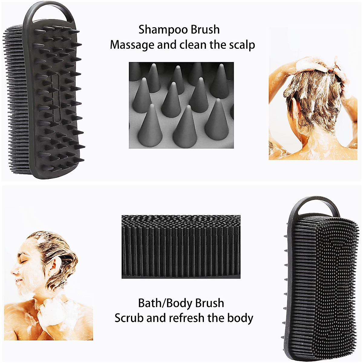 2 PC Silicone Exfoliating Body Scrubber, 2 in 1 Silicone Body Shampoo Brush, Soft Silicone Loofah for Sensitive Skin, Shower Silicone Hair Scalp Massager, Easy to Clean, Lather Well (Blue&Black)