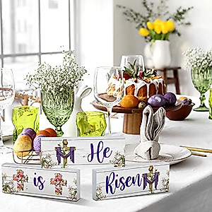 He is Risen Easter Decor Easter Wooden Cross Signs Floral Printed Easter Tiered Tray Signs Religious Tabletop Easter Decorations Spring Table Centerpieces for Home Office (Cross)