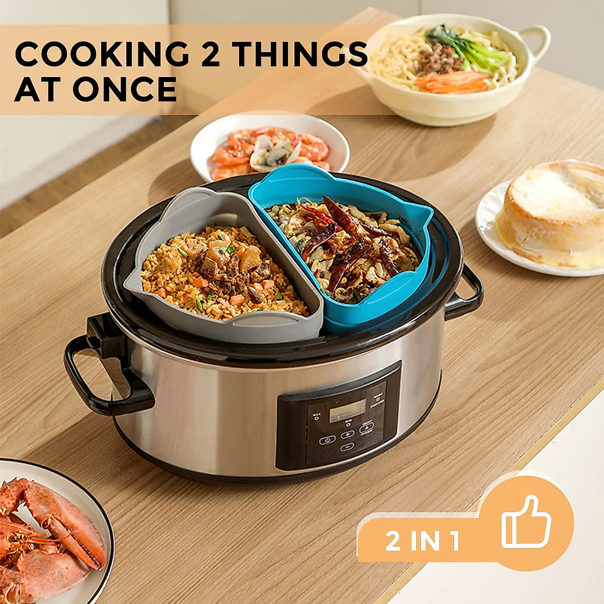 Slow Cooker Divider Liner Fit 6 QT Crockpot, 2 in 1 Reusable & Leakproof Silicone Crockpot Divider Slow Cooker Divider with 2pcs Anti-Hot Glove