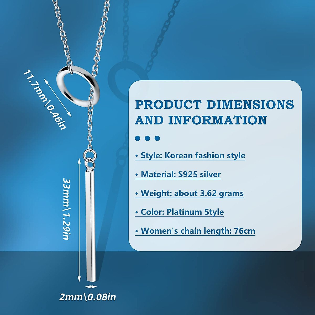 JewNelwyn 925 Sterling Silver Long Lariat Necklace, Open Circle Vertical Bar Necklace 30" Looped Y Necklace for Women and Girls