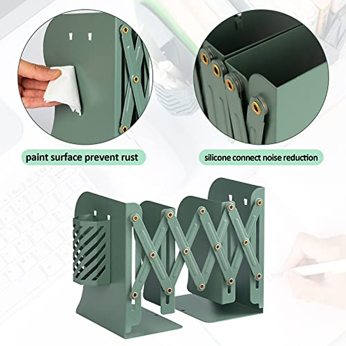 Adjustable Bookends TAINSE Expandable Bookends with Pen Holder Book Ends for Heavy Books,Magazine File Telescopic Design Bookends Adjustable Extends up to 17 inches-Green