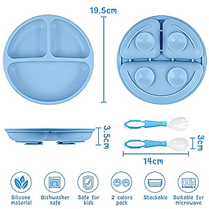 Vicloon Toddler Plates, 2 Pcs Silicone Baby Plates, BPA Free Suction Plates with 2 Pcs Baby Bendable Spoons, Suction Plate Feature, Divided Plate Design,Toddler Plate Microwave & Dishwasher Safe