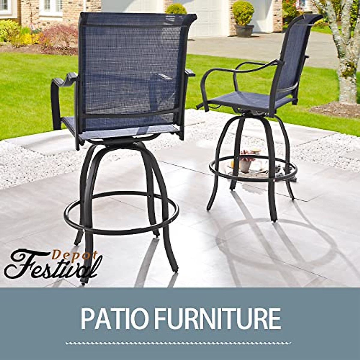 Festival Depot 4Pcs Patio Bistro Set High Back 360°Swivel Chairs with Textilene Fabric and Curved Armrest Bar Height Stools All Weather Metal Outdoor Furniture for Deck Lawn Garden, Blue