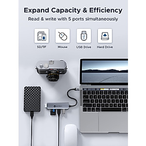 WARRKY USB C Hub, 5 in 1 SD/Micro SD Card Reader Adapter [Read 5 Ports Simultaneously, 3 Highspeed USB 3.0] 2TB Capacity OTG Compatible with iPhone 15 Pro, Samsung Galaxy, MacBook Pro/Air, iPad -Gray