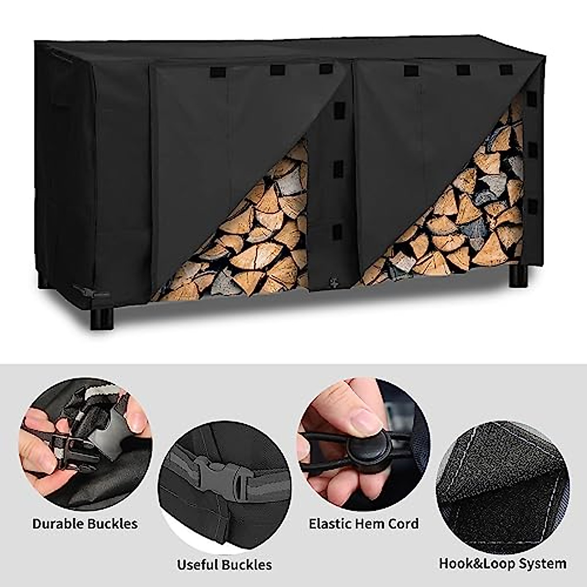 RICHIE Firewood Log Rack Covers, 8FT Waterproof All-Weather Outdoor Protection for Firewood Rack Cover 96" x 24" x 42", Black DHFLC96-BK