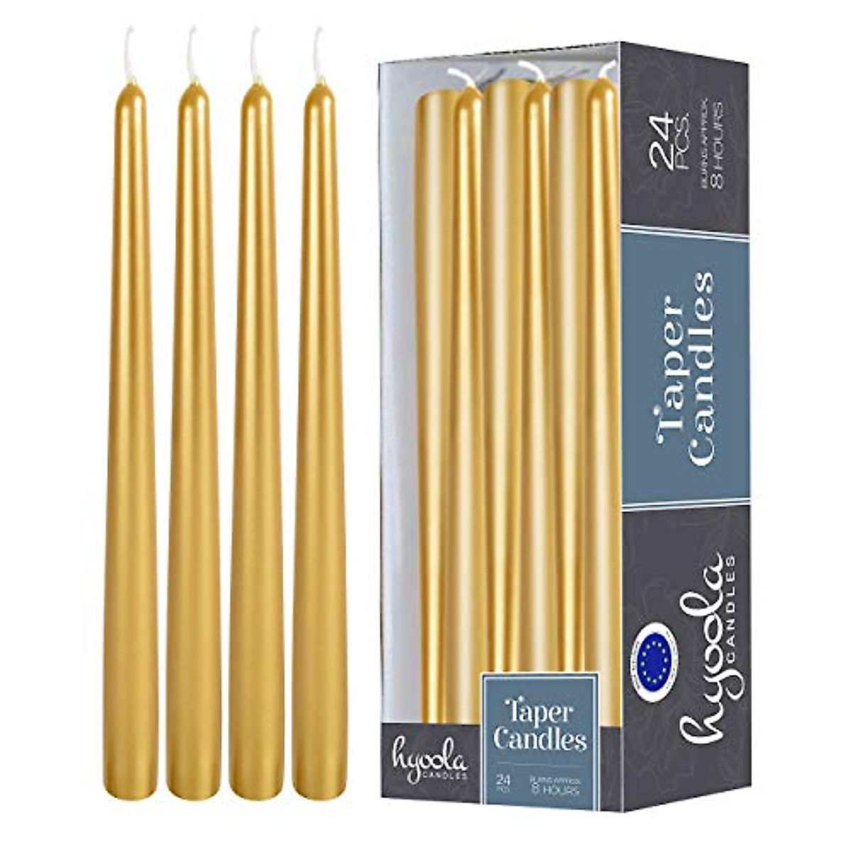 Hyoola Tall Taper Candles - Metallic Gold Dripless Dinner Candle Sticks - Paraffin Wax with Cotton Wicks - 10 Inch (25cm) - 8 Hour Burn Time (24 Pack)