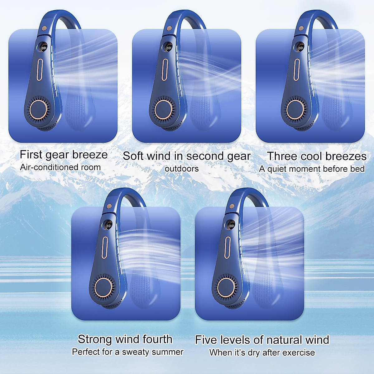 Clothforall Neck Fan, 4000mAh Battery Power, Portable Neck Fan USB Charging, Neck Fan Air Conditioner 5 Gear Adjustable, Fast Cooling, Super Quiet