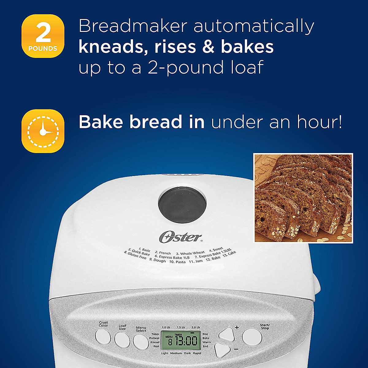 Oster Expressbake Bread Maker with Gluten-Free Setting, 2 Pound, White (CKSTBR9050-NP)