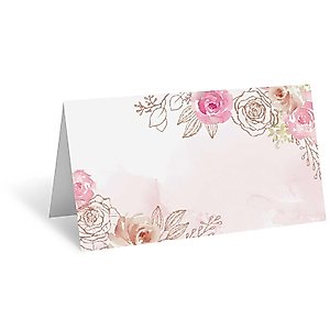 Pink Flower Place Cards for Table Setting, 2" x 3.5" Pack of 50 Floral Wedding Place Cards, Elegant Reception Name Cards, Rose Gold Wedding Decorations