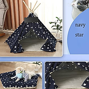 Pet Tent, Wooden Dog Cat Tent Canvas Name Tag Cute House Portable with Thick Padded Washable Navy Blue Star Pattern Tent House for Puppies and Cats
