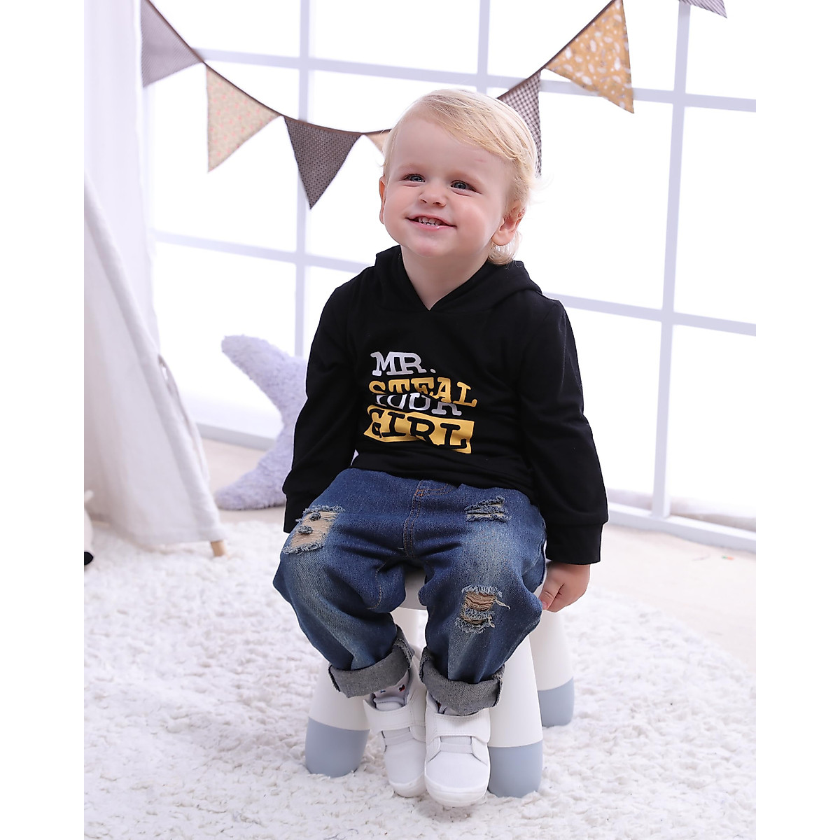 YALLET 2T 3T Toddler Baby Boy Clothes Fall Winter Outfit Sets Long Sleeve Letter Hoodies Top+Ripped Denim Pants 2pcs