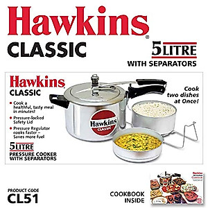 HAWKINS CL51 Pressure Cooker, 5 L WITH SEPERATOR, Silver