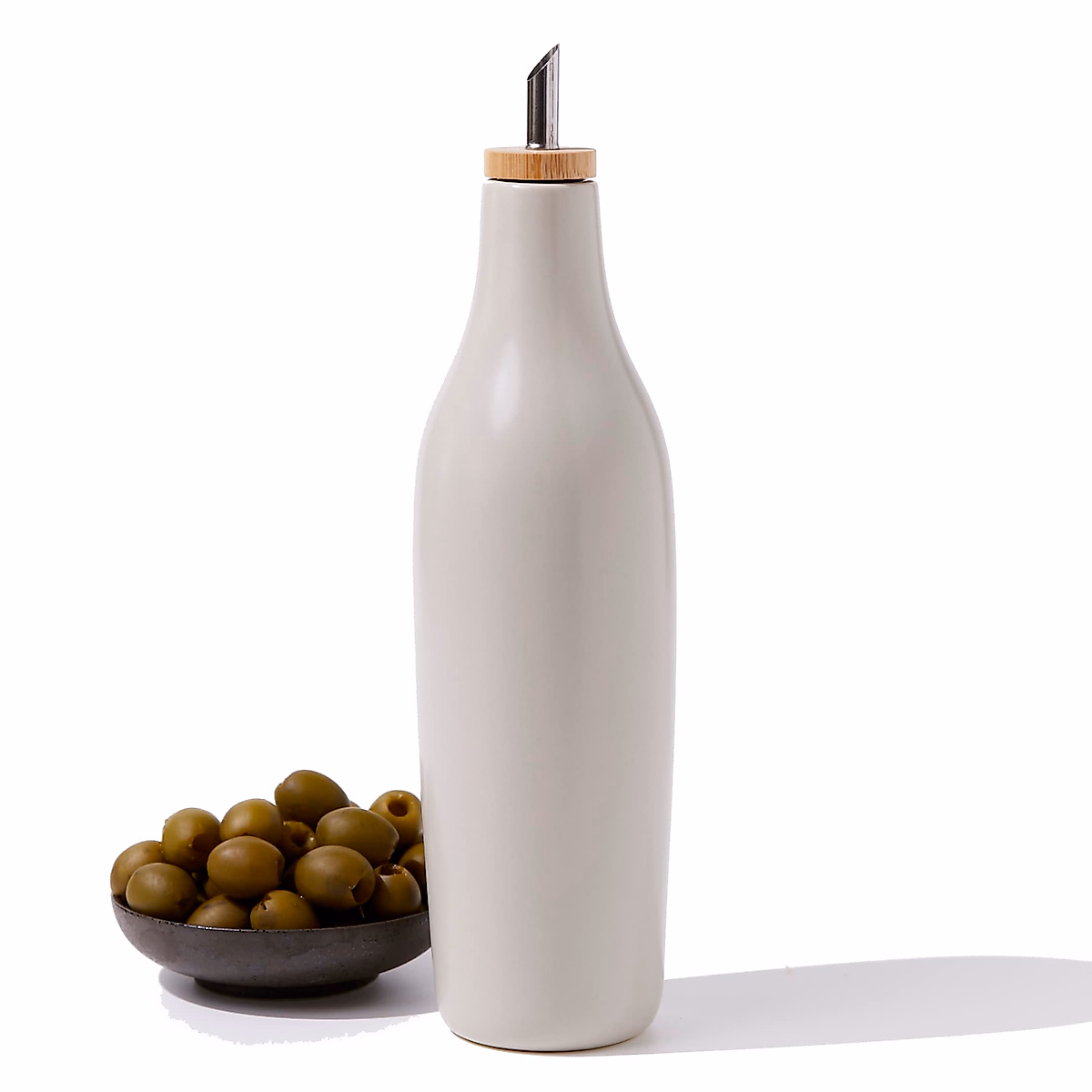 Grace Homewares Olive Oil Dispenser Bottle Stoneware Ceramic for EVOO or Vinegar | Modern Design | Large Capacity 16.9 ounce | Oil Container | Warm Grey
