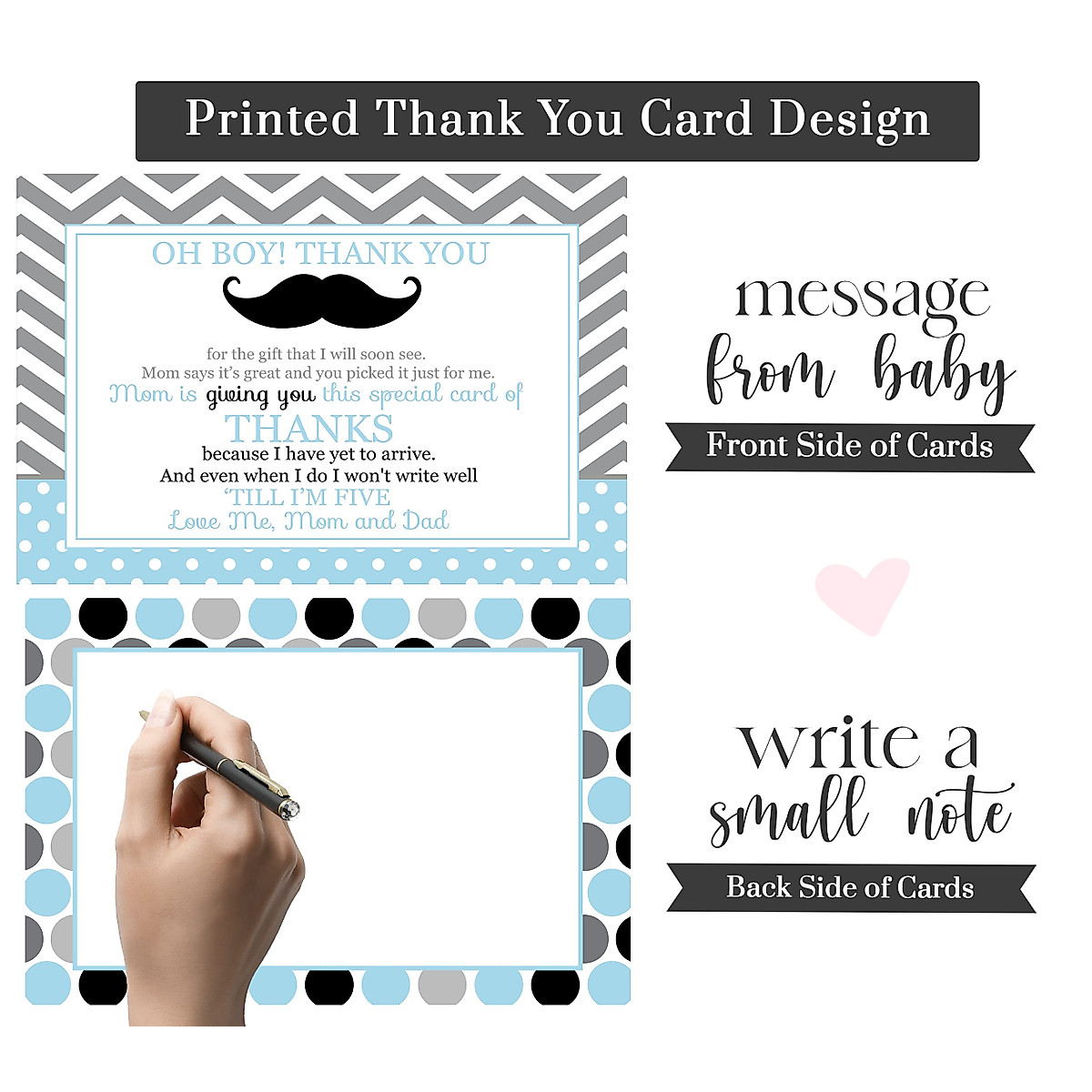 15 Mustache Thank You Cards with Grey Envelopes - Stationery for Boys Baby Shower - Dapper Chevron Stripes