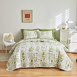 Quilt Set Bed in a Bag Queen, Green Leaves Yellow Flowers on Tint, 7 Piece Microfiber Bedspread Coverlet Quilted Bedding Set- 1 Quilt 88x88, 2 Pillow Shams, 1 Flat Sheet, 1 Fitted Sheet, 2 Pillowcases