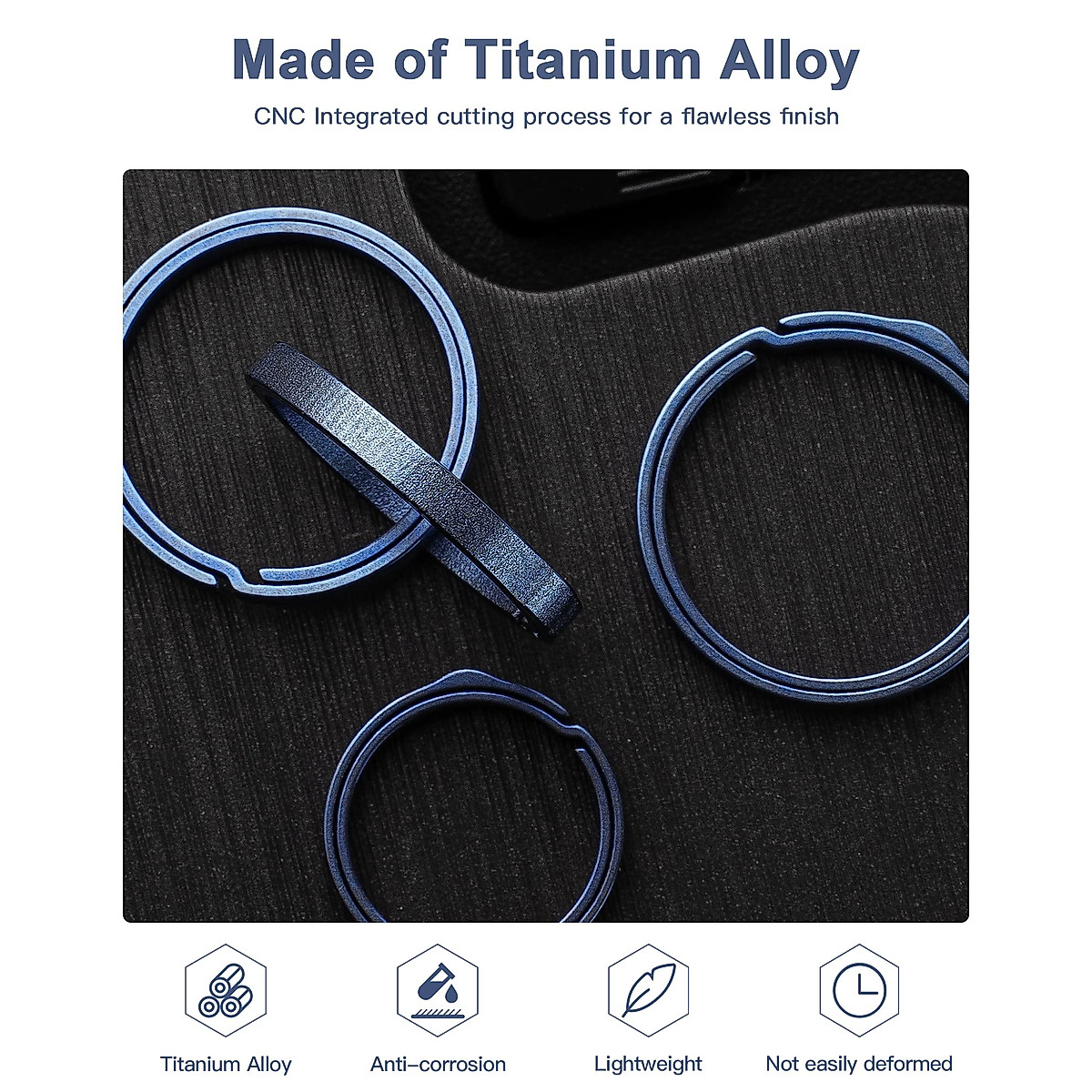 TISUR Titanium Key Ring,Elegant Quick Release Side Pushing Split Rings Kit-5Psc for Keychains,Heavy Duty Keyring for Dog Tag(Blue, K27+4K22)