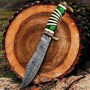 Skokie Knives Custom Hand Made Damascus Steel Hunting Knife Handle Camel Bone (Green)