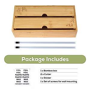 IOCREATIVE 2 in 1 Bamboo Wrap Dispenser for Aluminum Foil, Plastic Food Wrap, Wax Paper Roll Storage - Slide Cutter - Kitchen Organizer Holder Solution for Cabinet Drawer, Wall Mount - for 12" Rolls