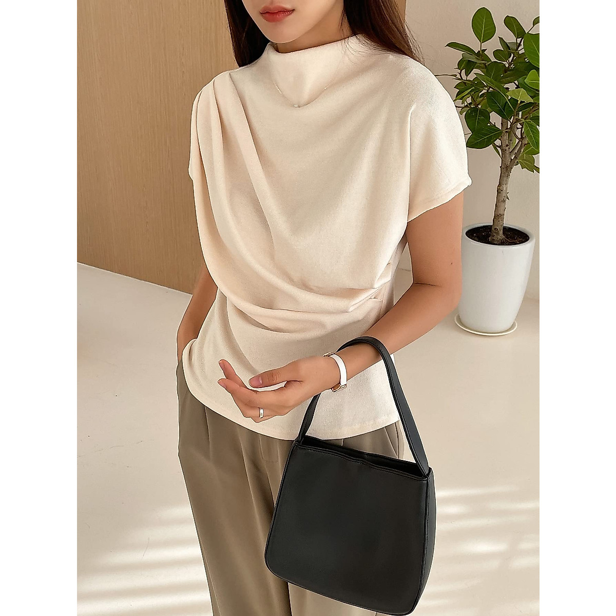 SweatyRocks Women's Casual Short Sleeve Mock Neck Tee Top Asymmetric Ruched Plain T Shirt Beige S