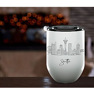 Seattle Washington Gifts and Souvenirs - 12 Oz Insulated Wine Tumbler with Lid - Seattle College Graduation Gifts - Unique Drinkware - USA Long Distance Gifts for Her