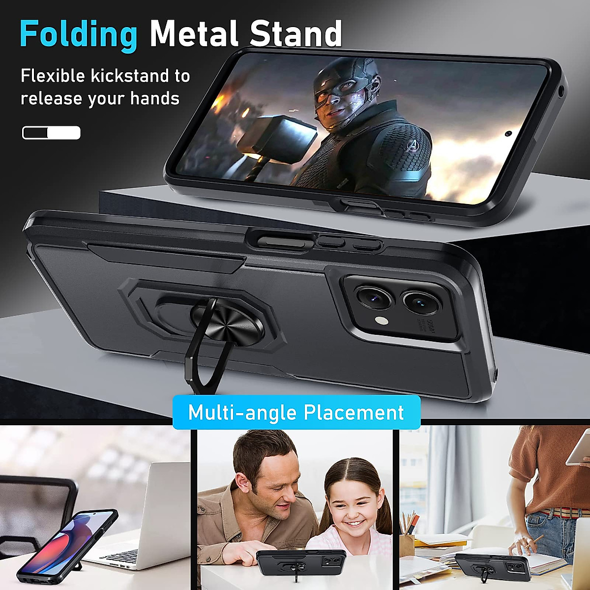 Janmitta Compatible with Moto G Stylus 5G 2023 Case with Screen Protector,Heavy Duty Shockproof Full Body Phone Cover Built in Metal Ring Holder Kickstand,Black Matte