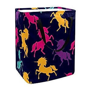 Colored Unicorn Horse Print Collapsible Laundry Hamper, 60L Waterproof Laundry Baskets Washing Bin Clothes Toys Storage for Dorm Bathroom Bedroom