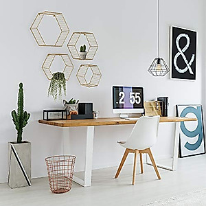 kimisty Set of 4 Gold Hexagon Wall Shelves, Floating Honeycomb Wire Wall Mounted Shelf, Geometric Octagon Mesh Shelves, Boho Deep Gold Metal Shelving