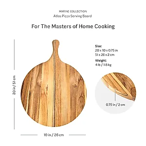 Teakhaus Atlas Pizza Serving Board with Handle - Small Round Wooden Board for Serving Pizza, Appetizers, Cheese and Bread - Perfect Charcuterie and Tapas Board - Knife Friendly - FSC Certified