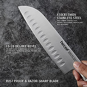 hecef 7 inch Santoku knife High Carbon Stainless Steel Japanese Chef Knife with Hammered Hollow Handle, Ultra Sharp Asian Chopping Kitchen Knife for Meat & Fish & Vegetable & Fruit