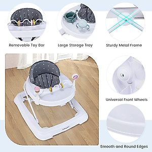 BABY JOY Baby Walker, Foldable Activity Walker Helper with Adjustable Height, Baby Activity Walker with High Back Padded Seat & Bear Toys (Gray, Star Pattern)