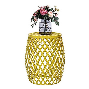 Adeco Hatched Diamond Pattern, for Indoor Outdoor Home Garden Accent Round Iron Metal Stool Side End Table Plant Stand Chair, Yellow