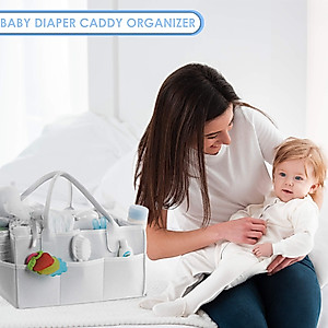 Mami's World: Baby Diaper Caddy Organizer; Portable Bag Holder for car & Changing Table; Essential Storage Bins for Nurseries with Gifts- 2 Pacifier Clips & 2 Bibs