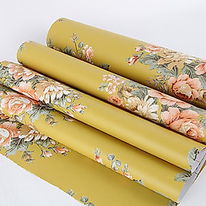 LovingWay Vintage Peony Floral Shelf Liner 17.7x177 Inch Easy-to-Install Storage Drawer Lining Paper Refresh Home School Furnitures Dark Yellow