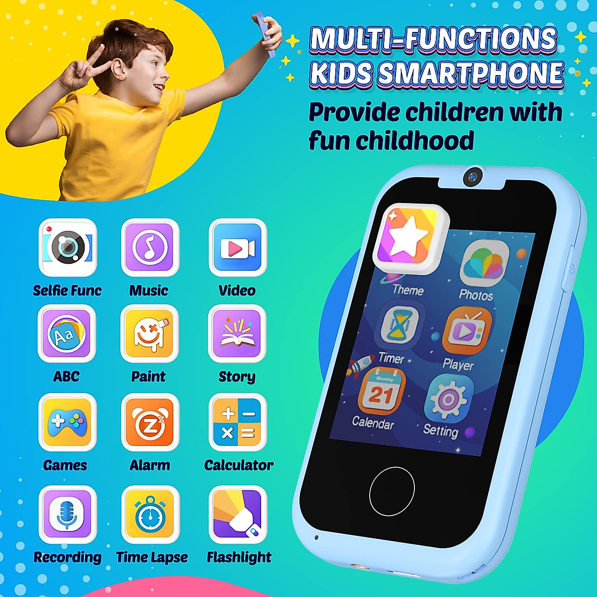 Prysyedawn Toys for 3 4 5 6 Year Old Boys Kids MP3 Music Player with Dual Camera, Games, Alarm Clock Toddler Smart Phone Educational Toys Birthday Gifts for Boys Ages 3-6 with SD Card-Blue