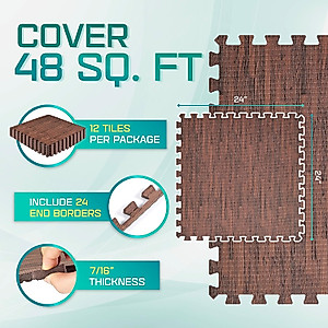 Yes4All 7/16" Thick Eva Wood Grain Floor Mat For Home Gym Equipment, Interlocking Mat Foam Tiles with Border- Grey Oak Wood, 12 tiles 24"x 24"x 7/16" cover 48 Sqft